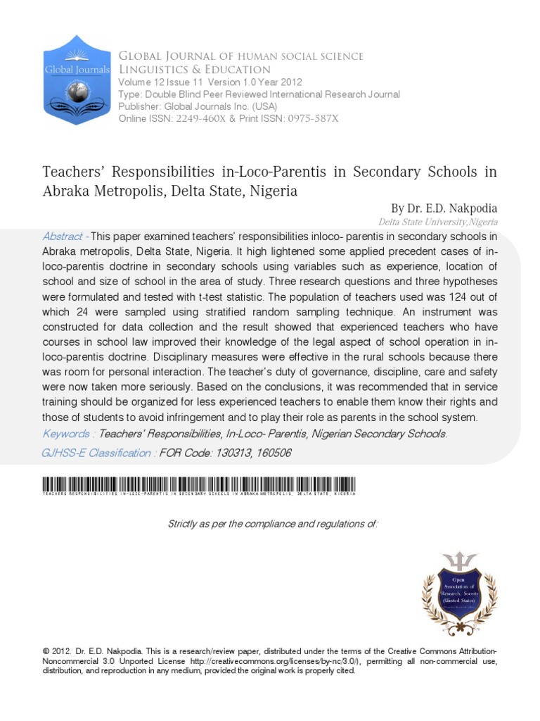 5 Teachers Responsibilities in Loco Parentis PDF | PDF