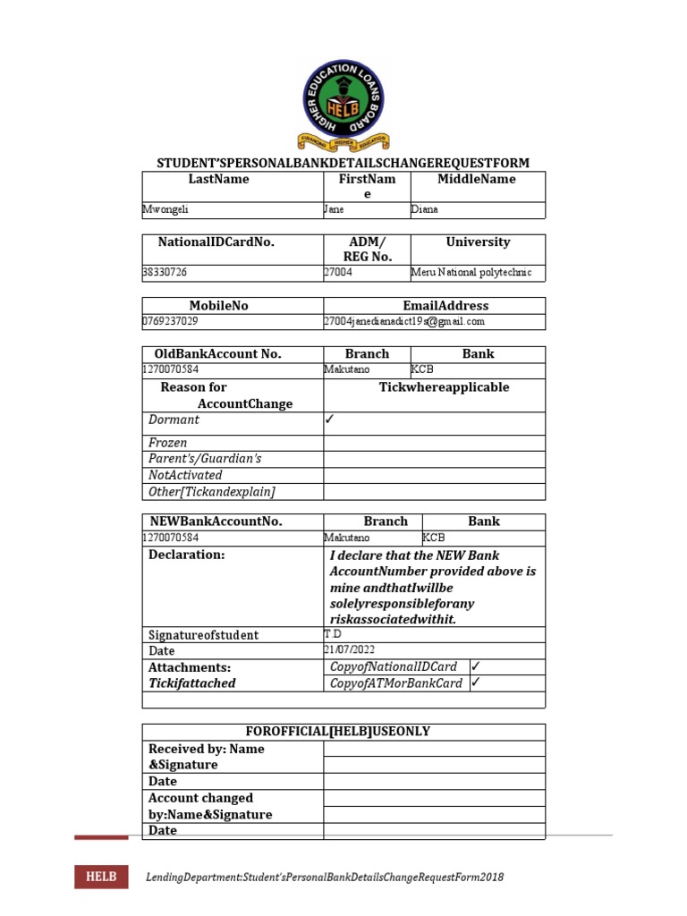 Student Personal Bank Account Change Request Form | PDF