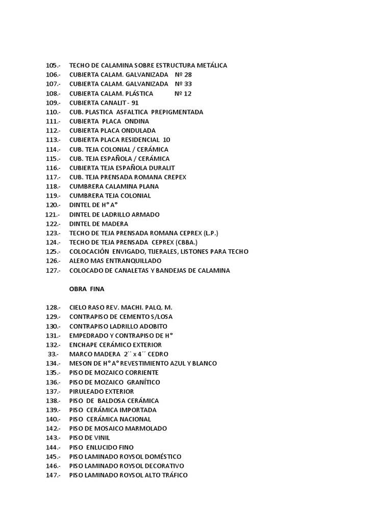Lista de Items Segunda Parte | PDF | Materiales | Diseño arquitectonico