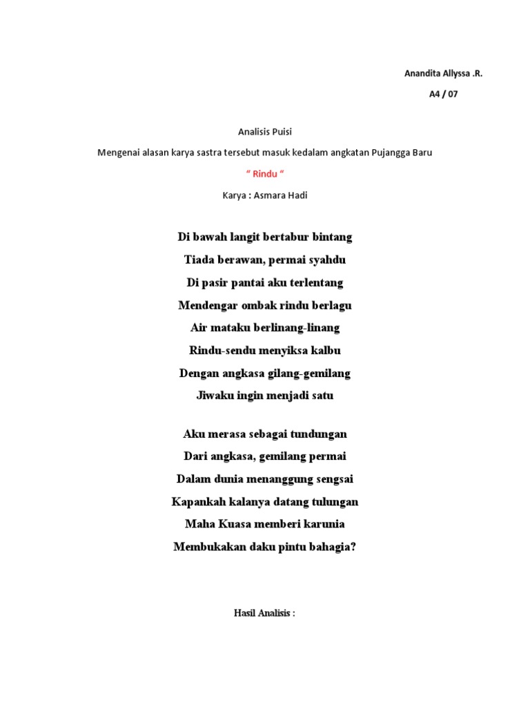 Analisis Puisi Rindu Angkatan Pujangga Baru A4 | PDF
