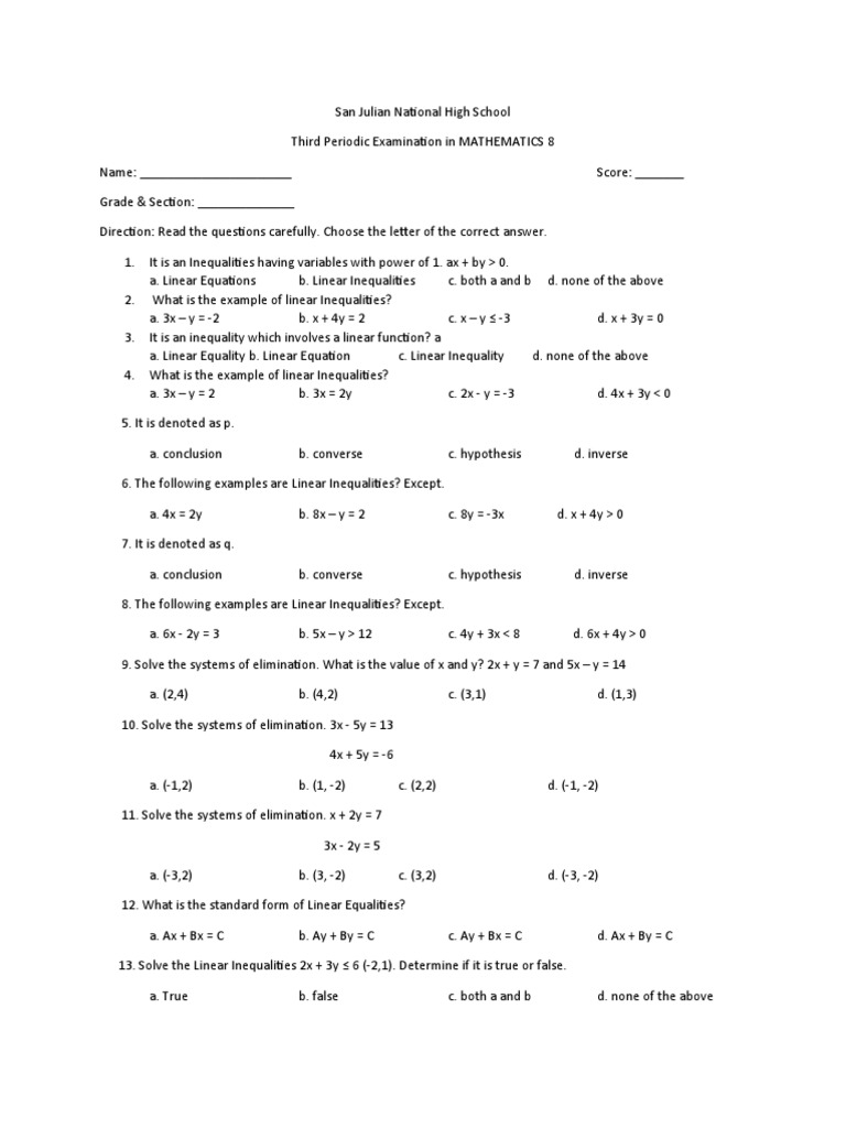 Math 8 Exam: Linear Inequalities & Logic | PDF