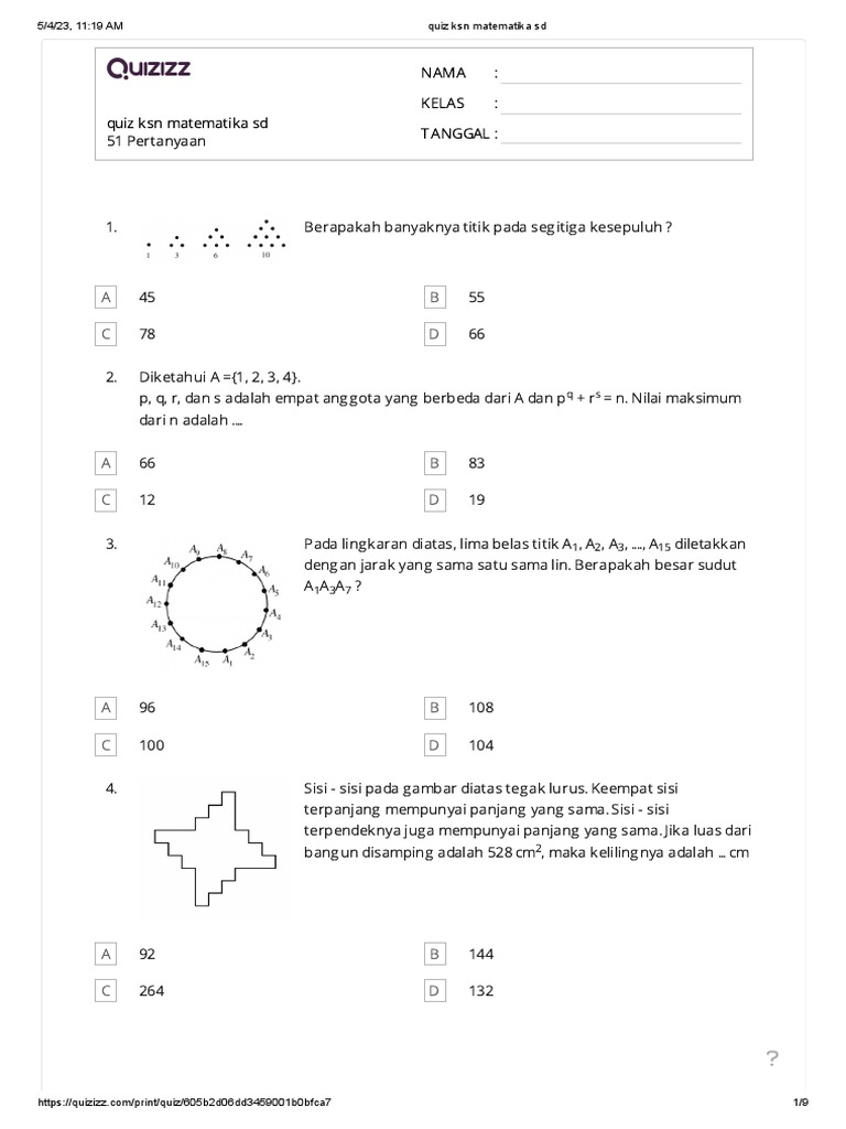 Quiz KSN Matematika SD, Almer Catur James, 51 Soal, 2 Years | PDF