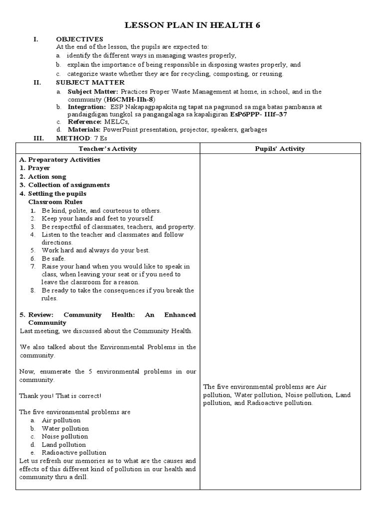 Health 6 Lesson Plan: Waste Management | PDF | Waste | Waste Management