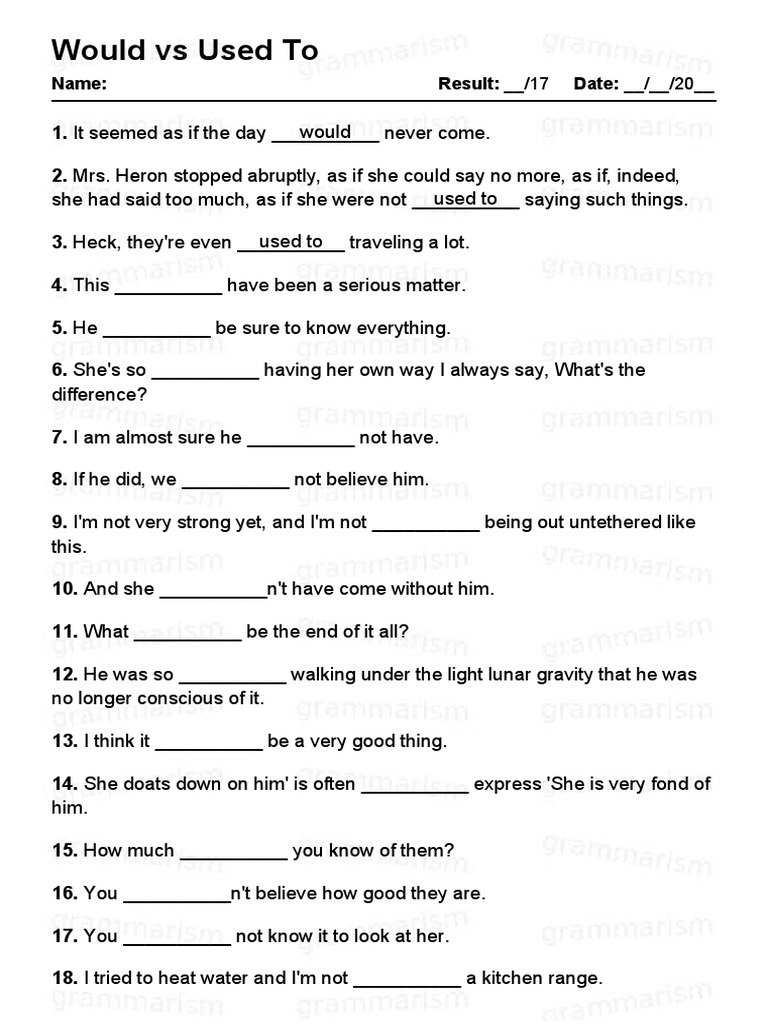 Grammarism Would Vs Used To Test 1 1853604 | PDF