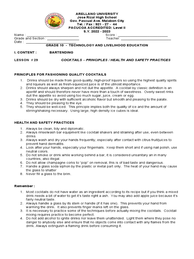Grade 10 Lesson 29 Bartending Health And Safety Practices Au Jrhs Mrs Pag Asa Merto Mr Rony 