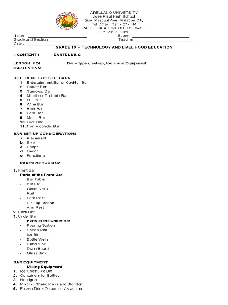 Grade 10 Lesson 24 Bartending Operation of The Bar Au JRHS MRS Pag Asa ...