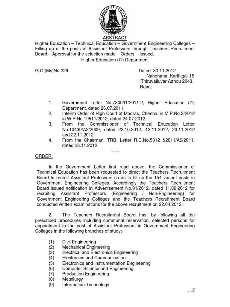 Tamilnadu Assistant Professor Recruitment GO 2012 | PDF | Tamil Nadu ...