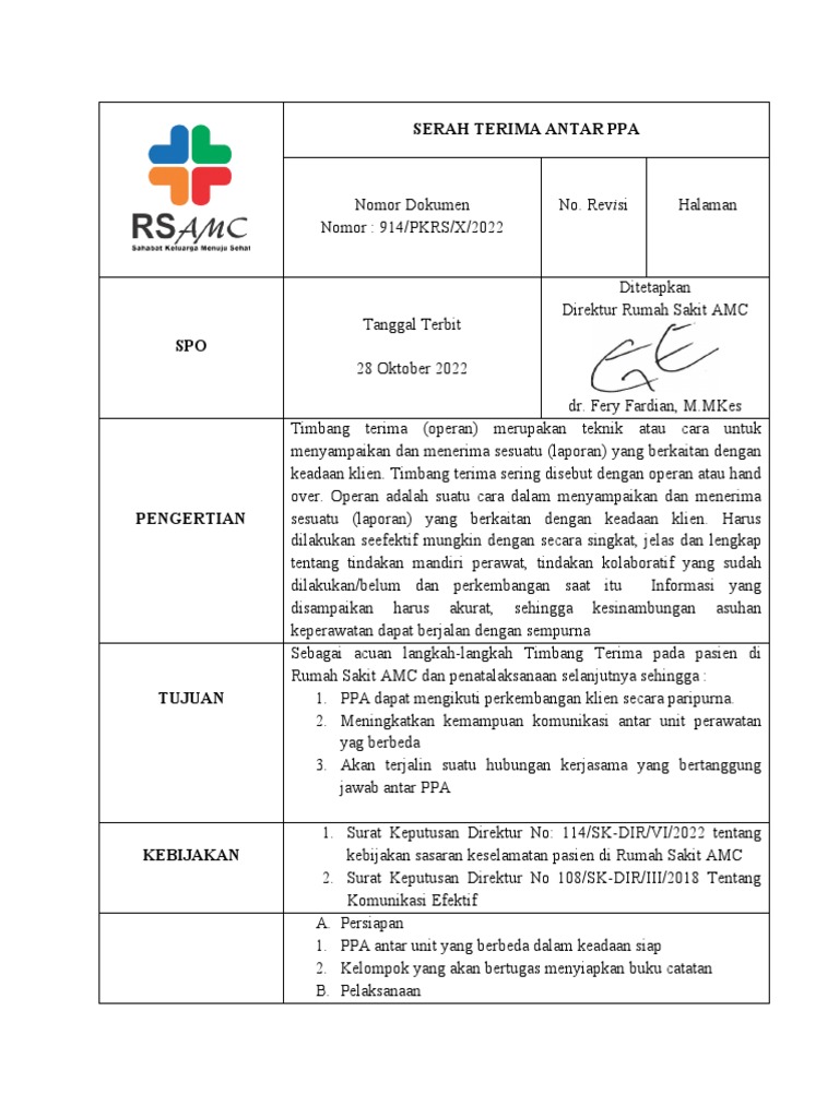 Hand Over Antar Unit Perawatan Yang Berbeda | PDF