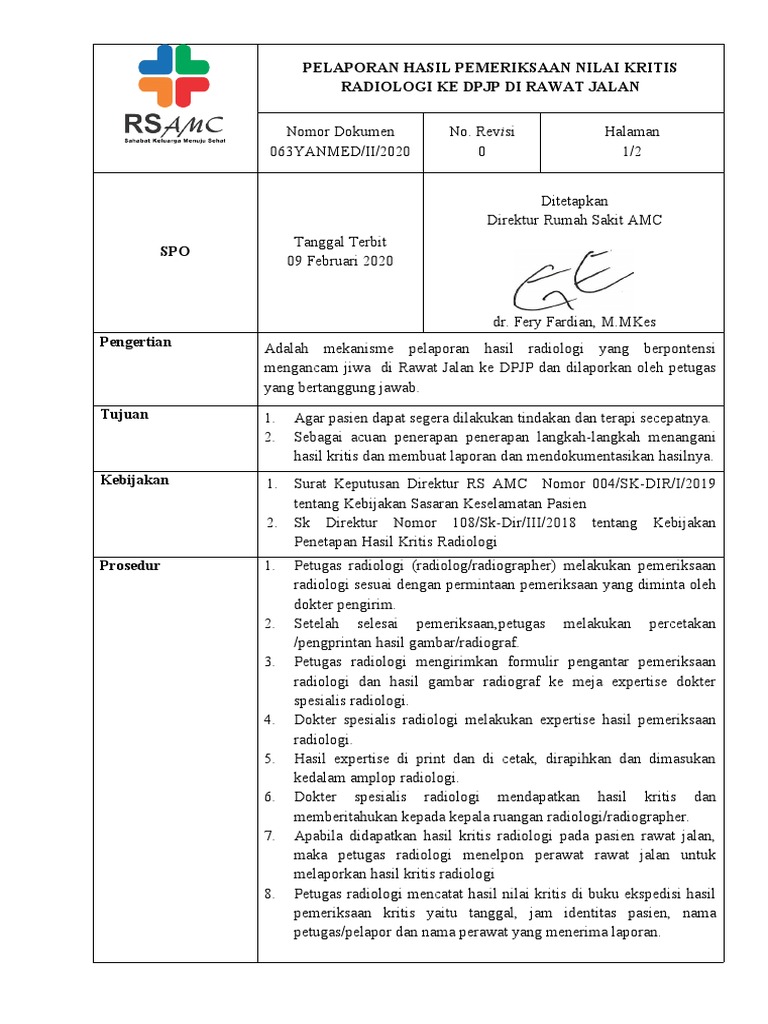 PELAPORAN HASIL PEMERIKSAAN KRITIS Radiologi Di Rawat Jalan | PDF