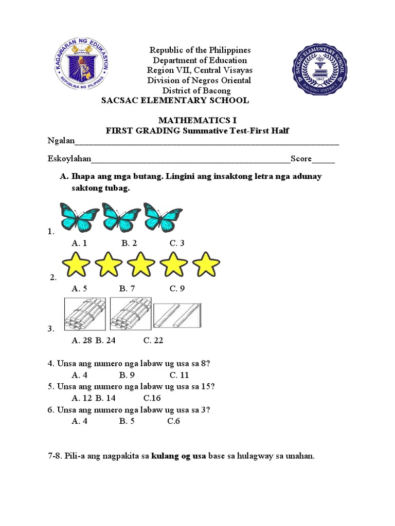 Mathematics 1st Quarter Exam in Gr 1 Sinugbuanong Binisaya (MELC based ...