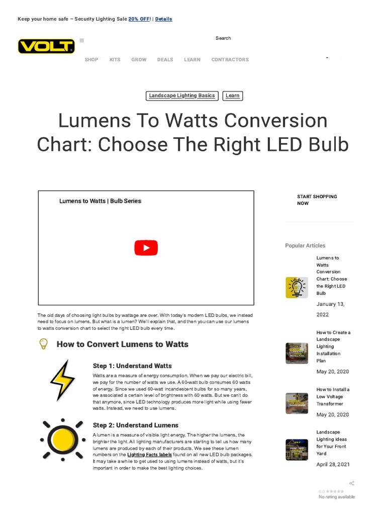 Lumens To Watts Conversion Chart For LED Bulbs | PDF | Lighting