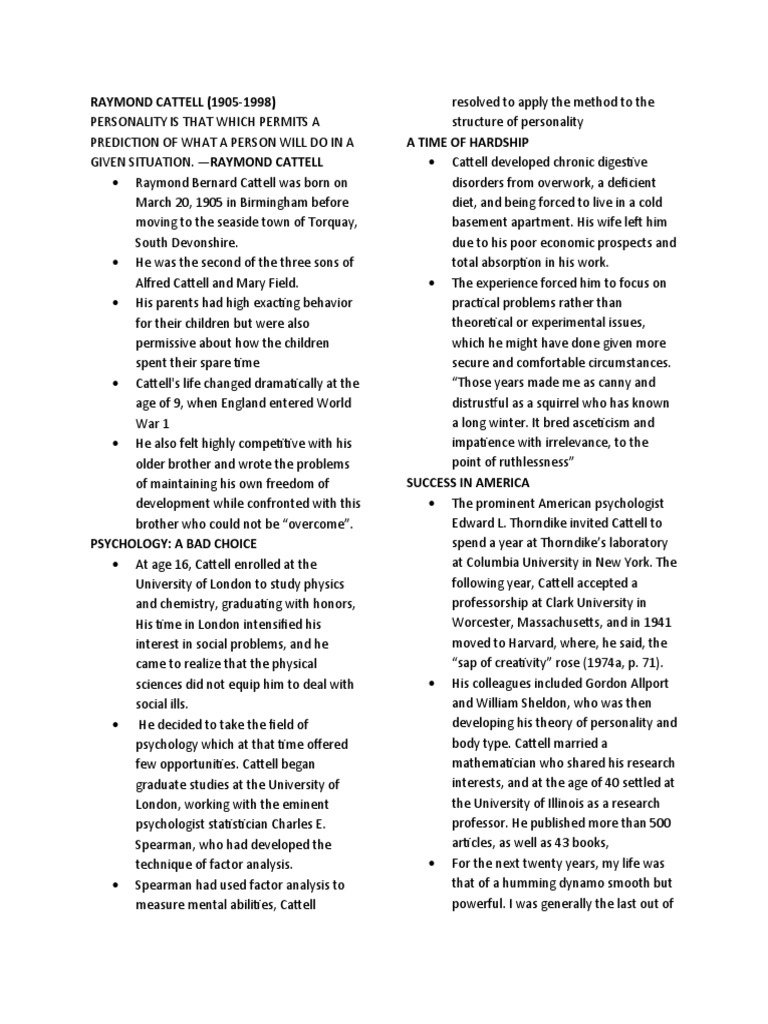 Raymond Cattell: Personality Theories | PDF