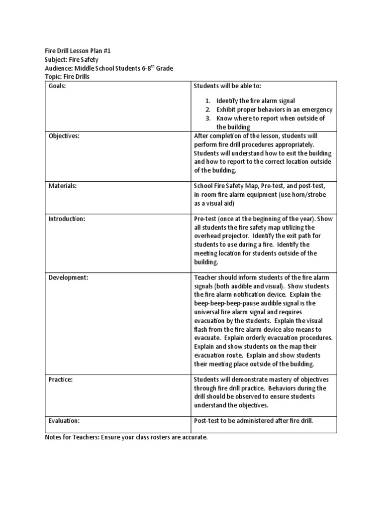 Example Fire Drill Lesson Plans | PDF | Lesson Plan | Teachers