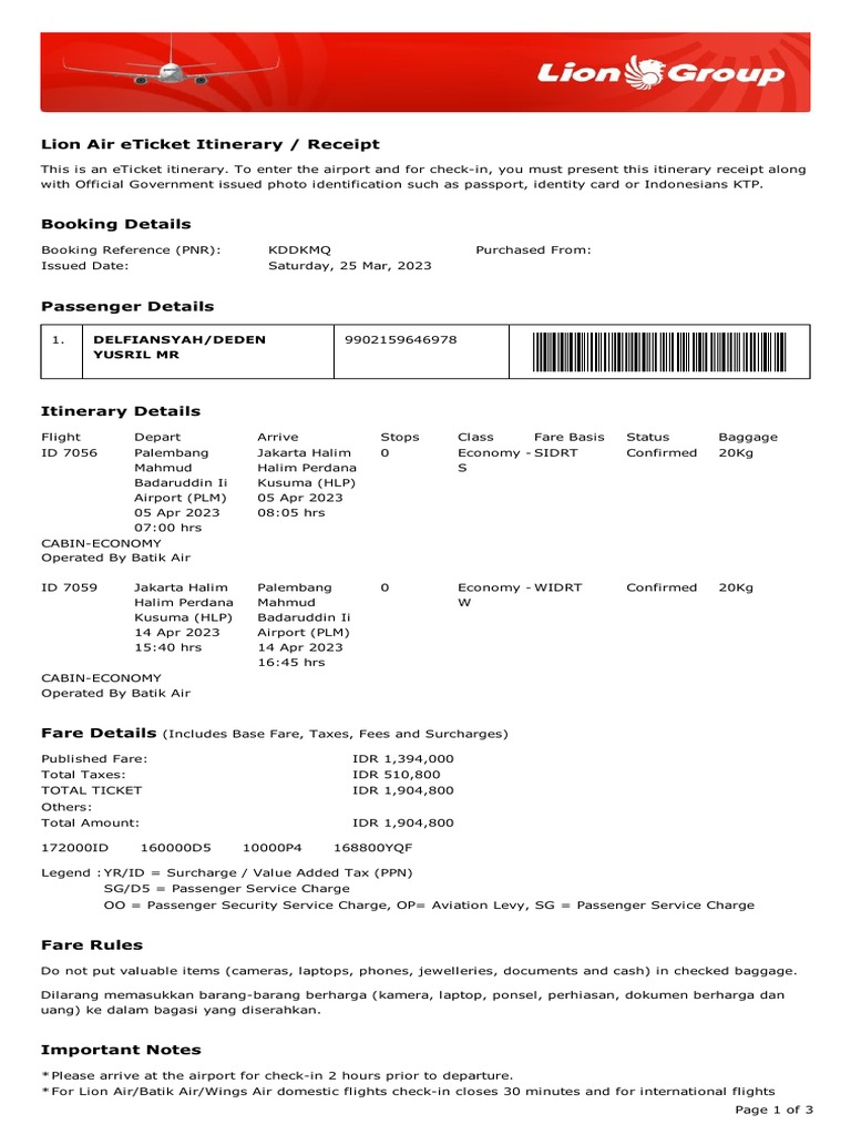 Lion Air eTicket Itinerary Receipt | PDF