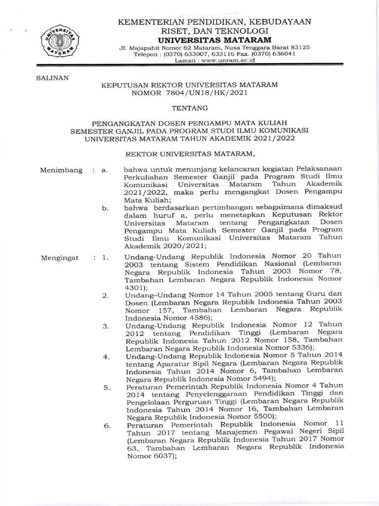 SK Pengangkatan Dosen Pengampu Mata Kuliah SMSTR Ganjil PD Ikom Unram Ta 2021-2022 | PDF