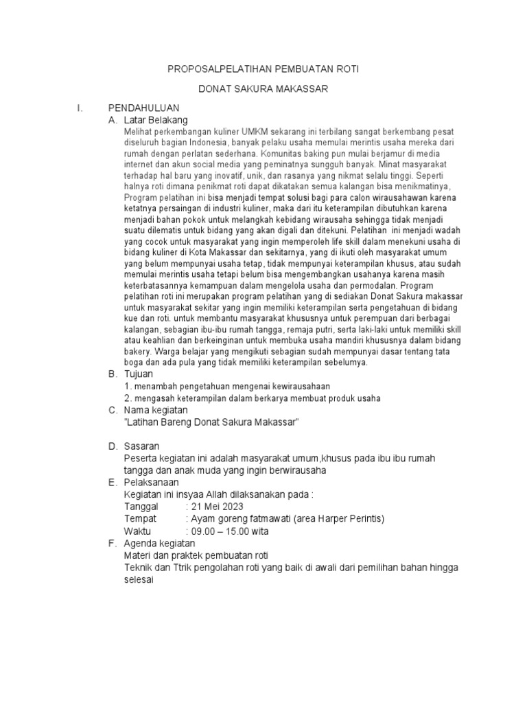 Proposalpelatihan Pembuatan Roti | PDF