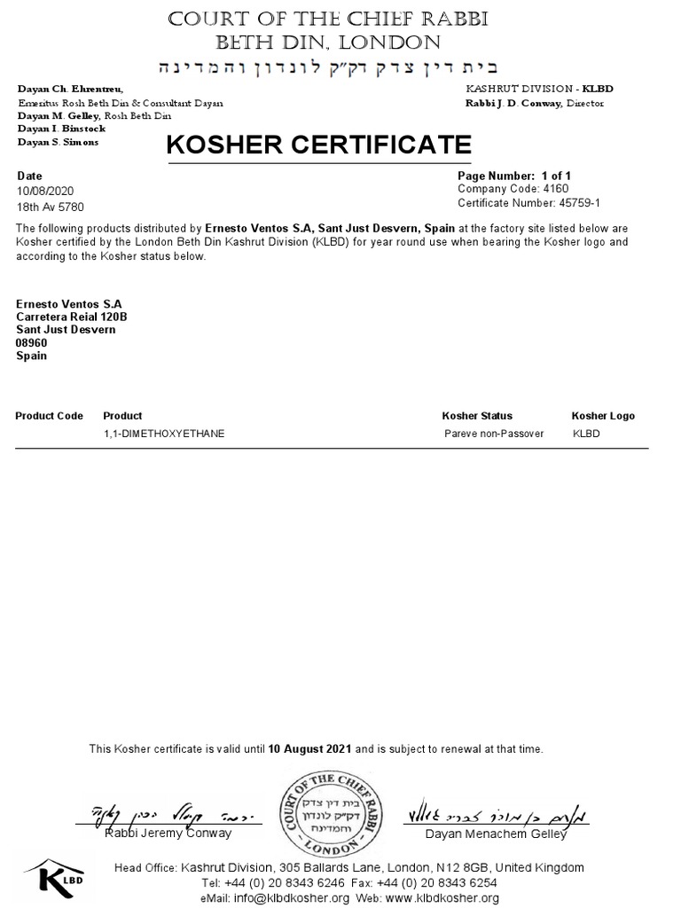Kosher Certificate for 1,1-Dimethoxyethane | PDF