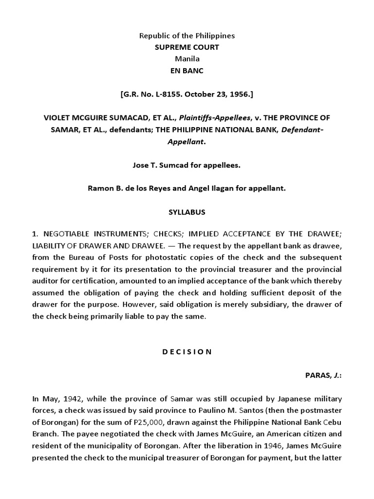 Implied Acceptance of Check by Drawee Bank Creates Subsidiary ...