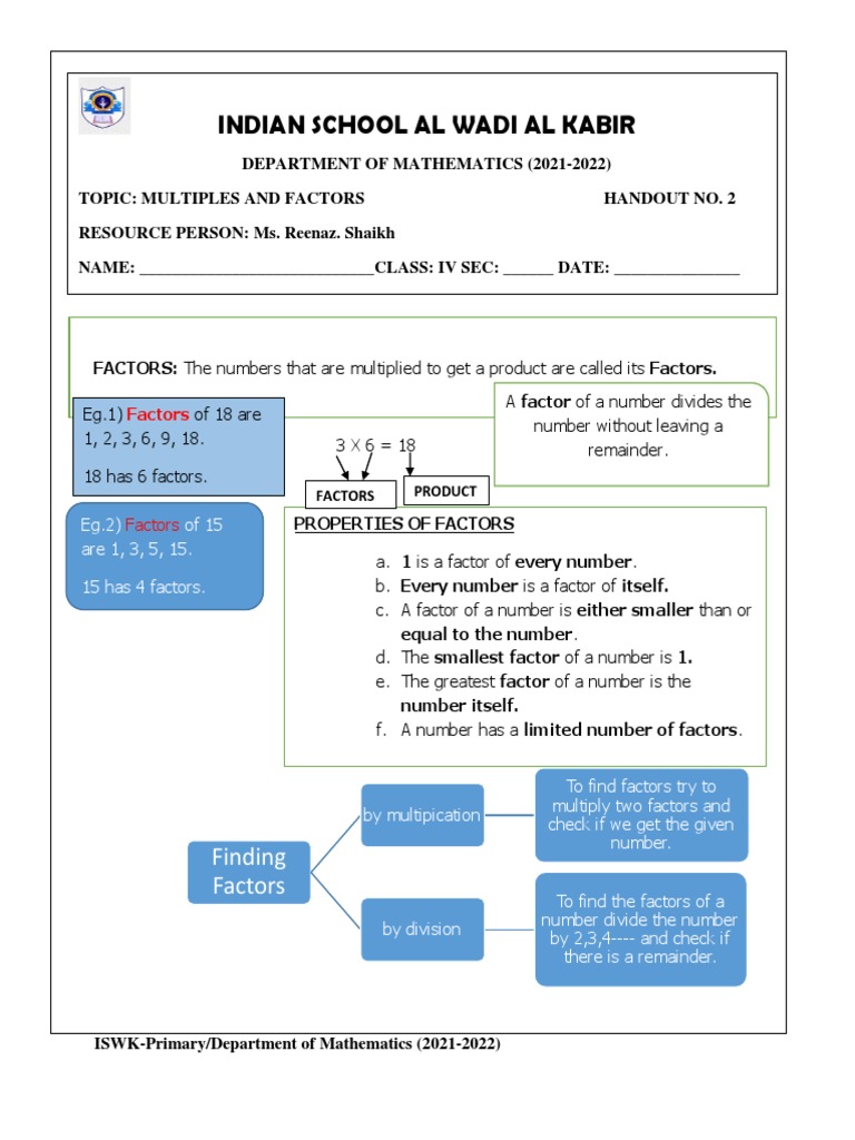 Multiples and Factors Handout 2 PDF | Download Free PDF ...