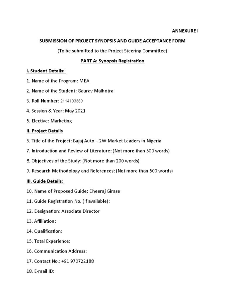 Annexure I & II (Project Guide, Synopsis) | PDF