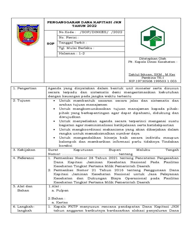 Sop Penganggaran Dana Kapitasi JKN 2022 | PDF