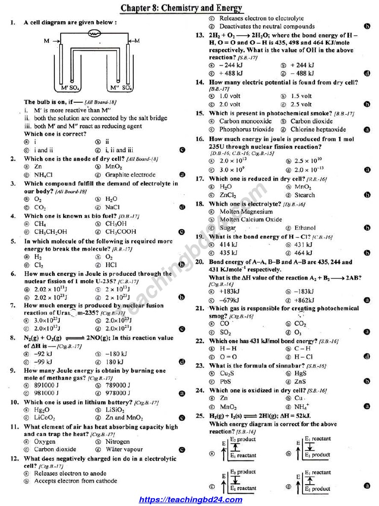 SSC Ev MCQ Question Ans. Chemistry and Energy | PDF