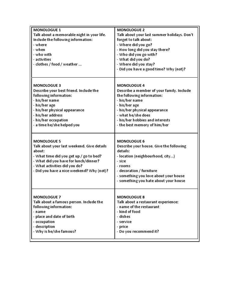 Engaging Monologue Topics Guide | PDF | Food And Drink | Cuisine