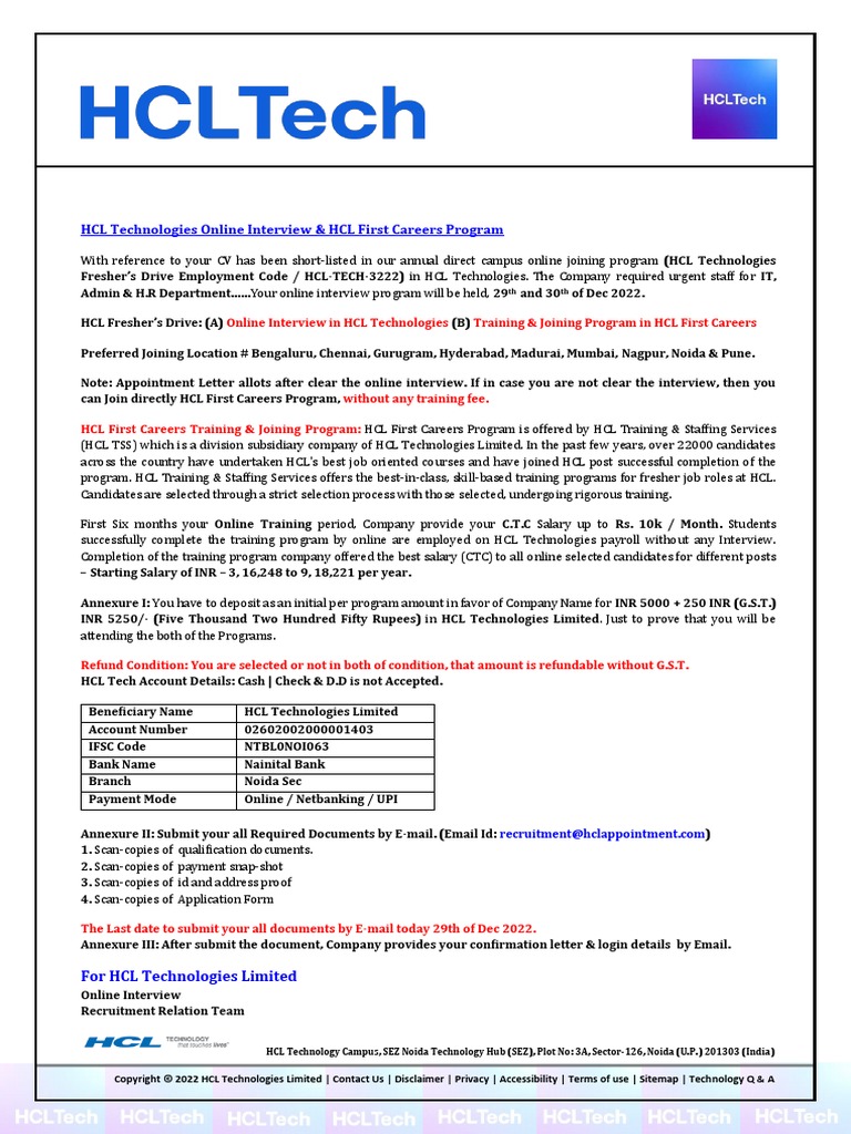 Welcome Letter HCL Technologies Online Freshers Recruitment Drive | PDF