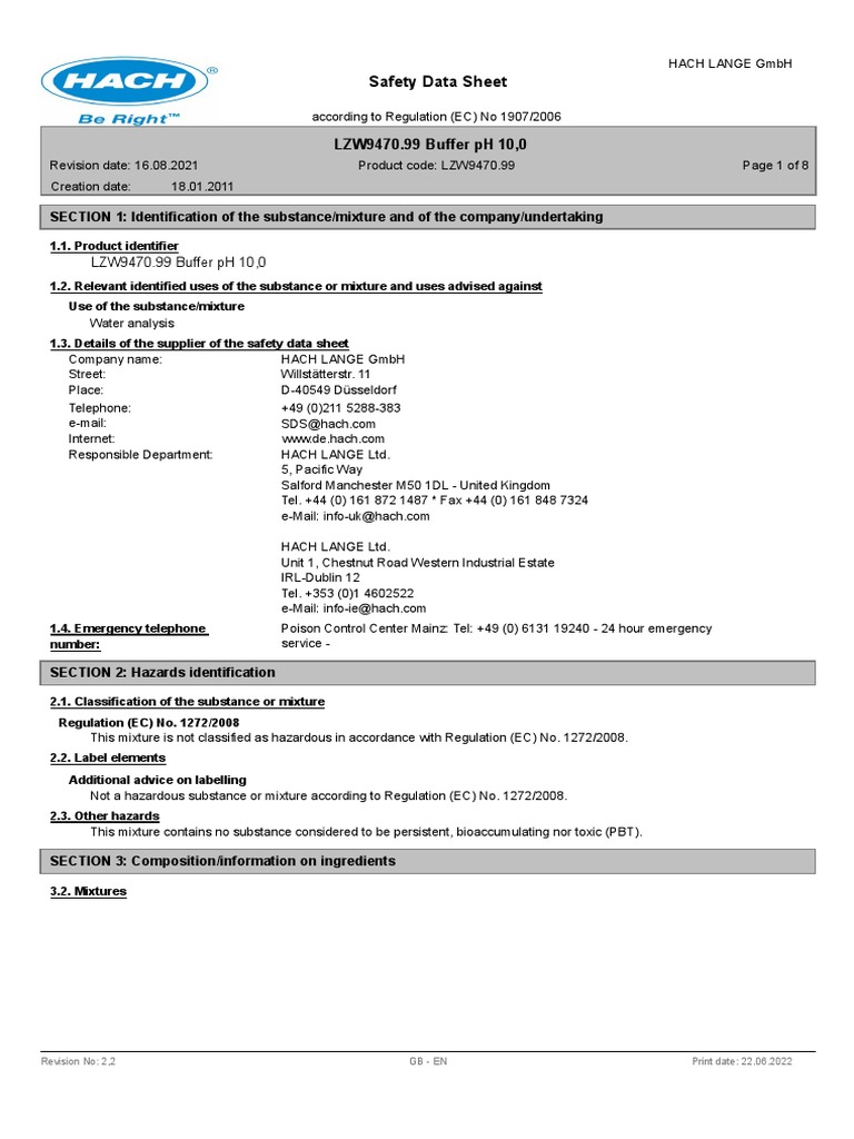 HACH LANGE Buffer pH 10 Safety Data Sheet | PDF | Toxicity | Dangerous ...