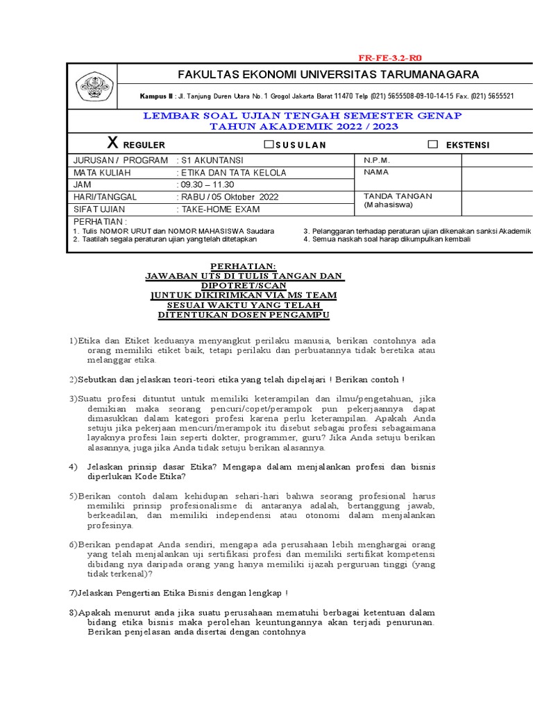 SOAL UTS ETIKA DAN TATAKELOLA GANJIL 2223 Pagi PDF | PDF