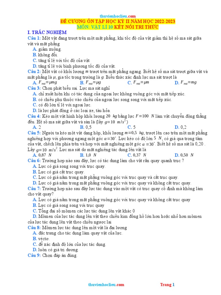 De Cuong On Tap HK2 Vat Li 10 KET NOI | PDF