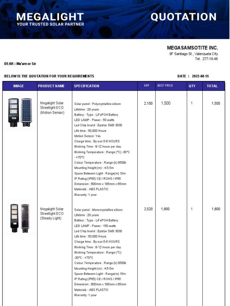 Megalight Solar Streetlights Pricelist | PDF