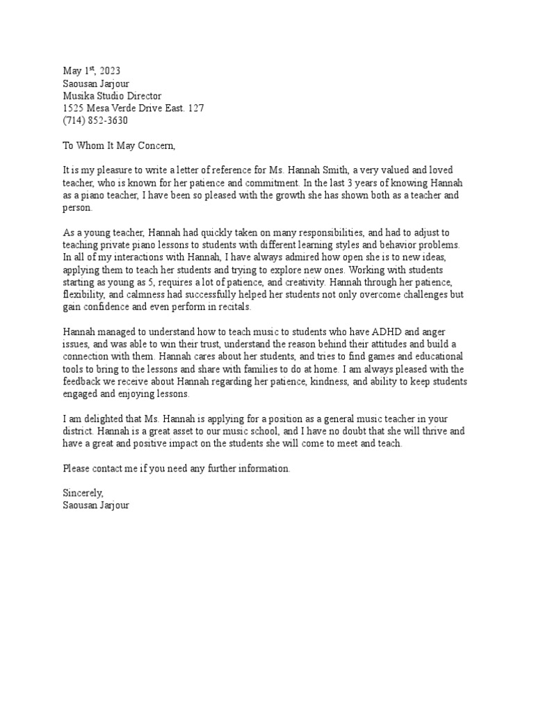 Hannah - Recommendation Letter 2023 | PDF