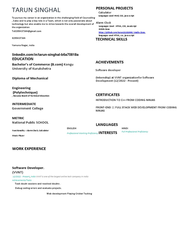 Tarun Singhal: Software Developer Resume | PDF