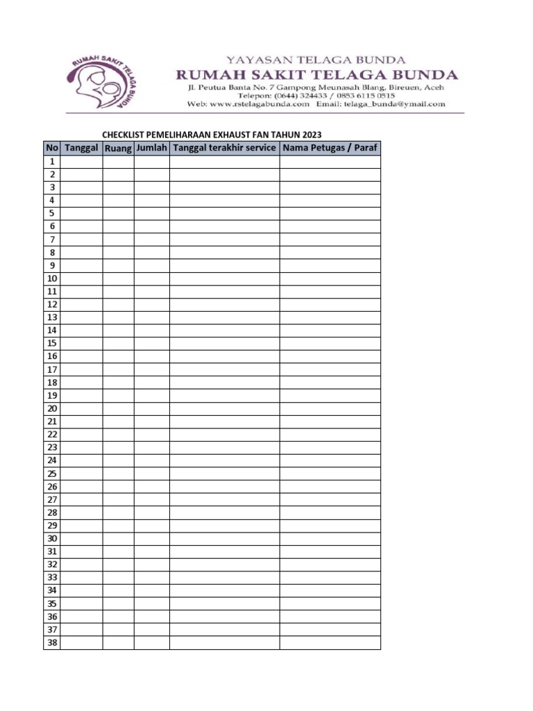 CHECKLIST PEMELIHARAAN EXHAUST FAN TAHUN 2023.xlsx | PDF