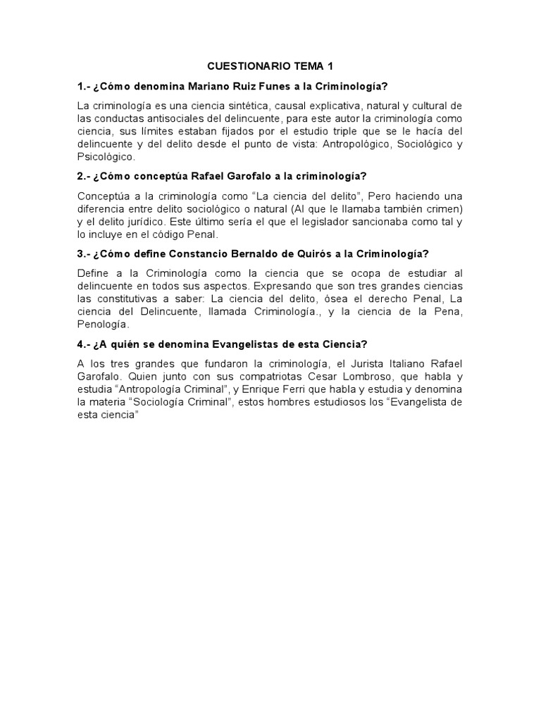 Criminologia Cuestionario Temas 1,2,3 - Est. Cesar Cristian Ludeño Espada | PDF