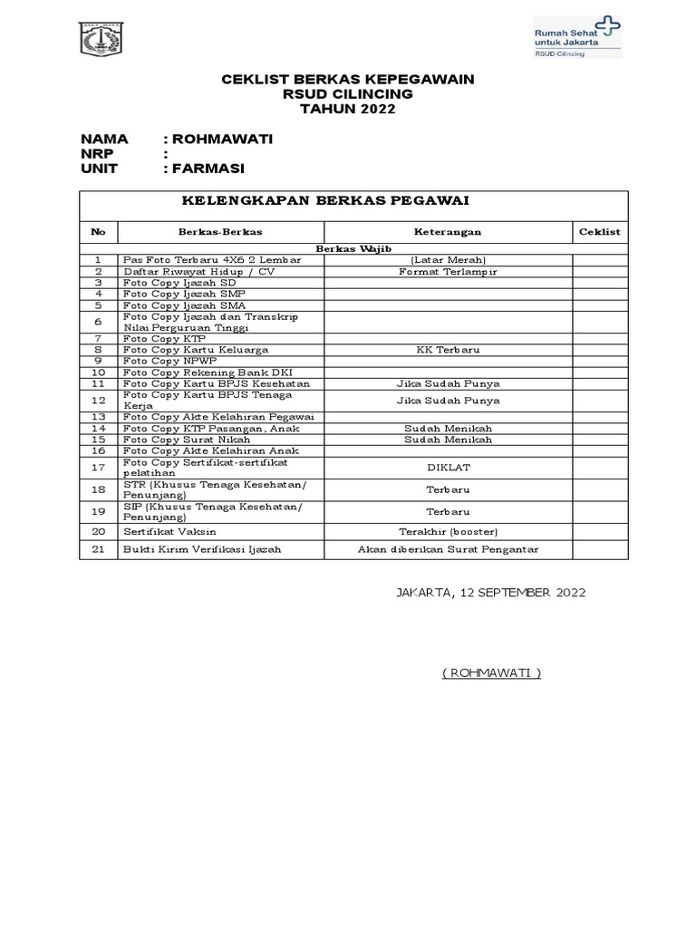Cecklist Dokumen Dan DRH Pegawai 2022 | PDF