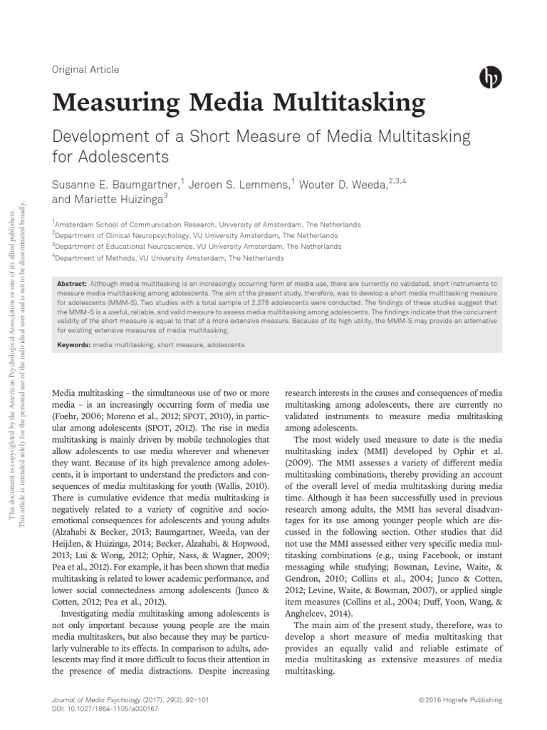 Baumgartner, Lemmens, Weeda Huizinga (2017) - Measuring Media Multitasking.pdf | PDF