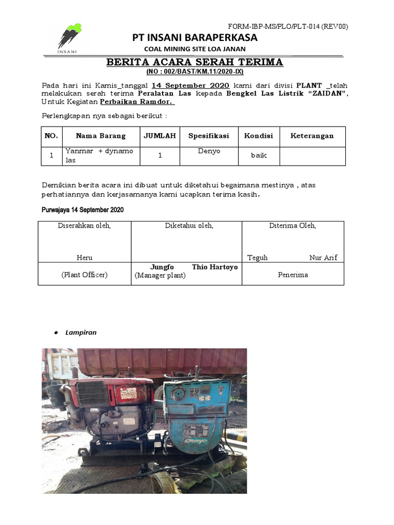 Berita Acara Justifikasi Perubahan Jenis Unit Dump Truck Ke Cran Truck ...