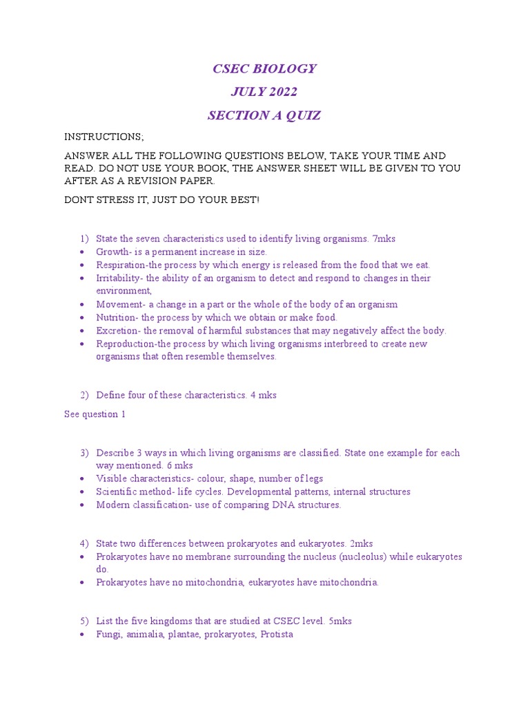 CSEC Biology Quiz Section A | PDF