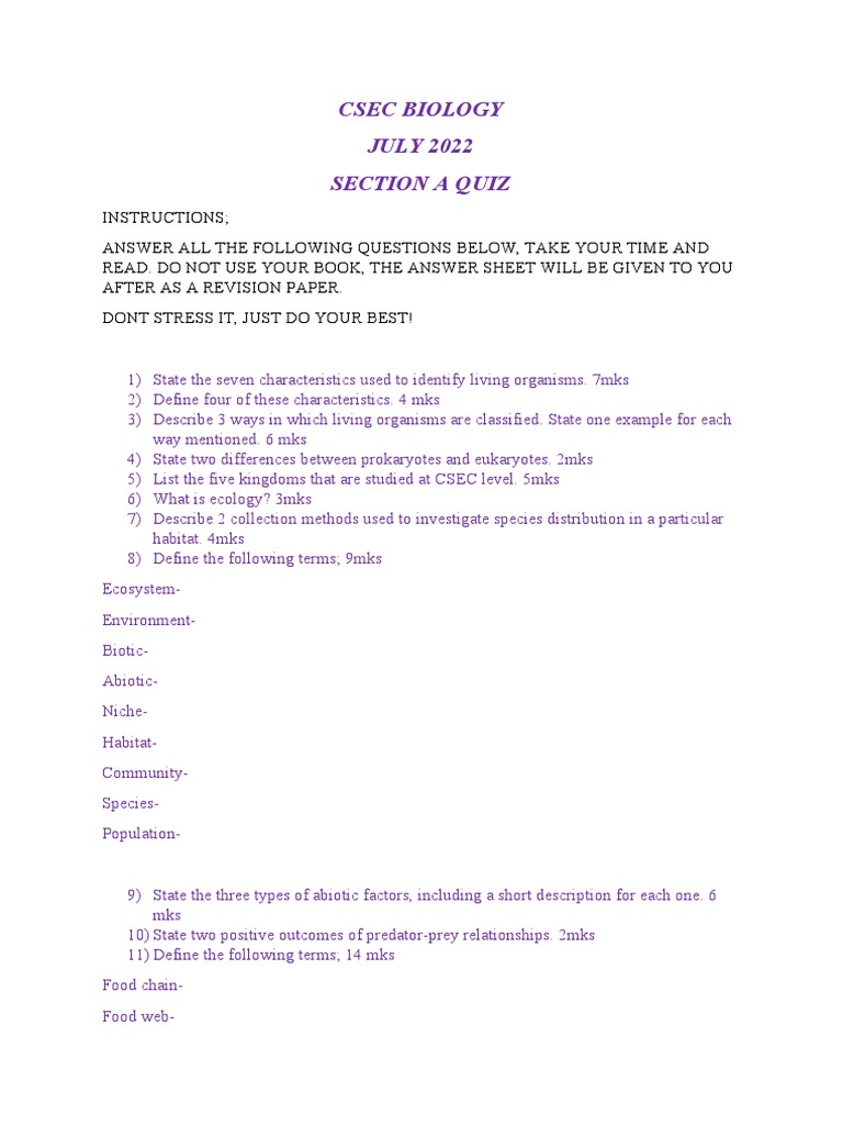CSEC Biology Quiz Section A | PDF