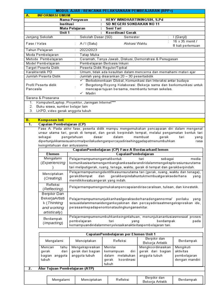 RPP Seni Tari KLS I SMS 1 | PDF