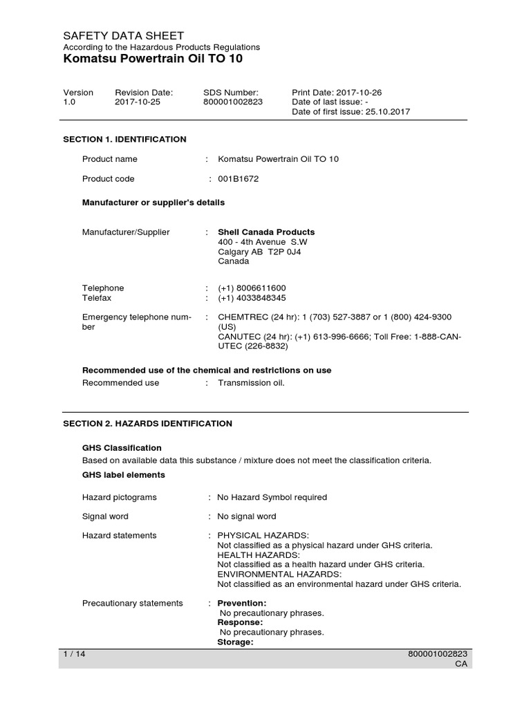 Komatsu Powertrain Oil TO 10 SDS | PDF