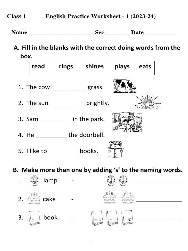 Class 1 Eng Practice Worksheet-1 (2023-24) | PDF