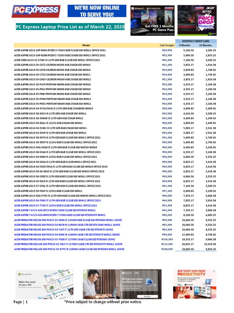 PC Express Laptop Pricelist - Mar 24 - 2023 PDF | PDF | Personal Computers | Computer Hardware