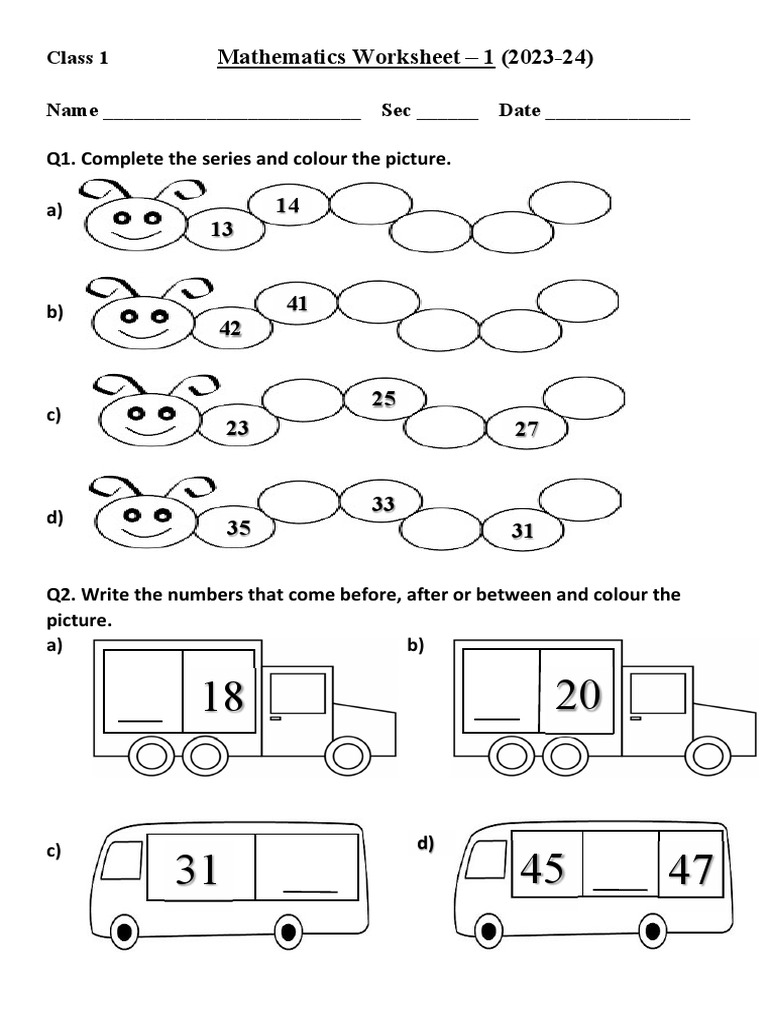 Class 1 Mathematics Worksheet 1 (2023-24) | PDF