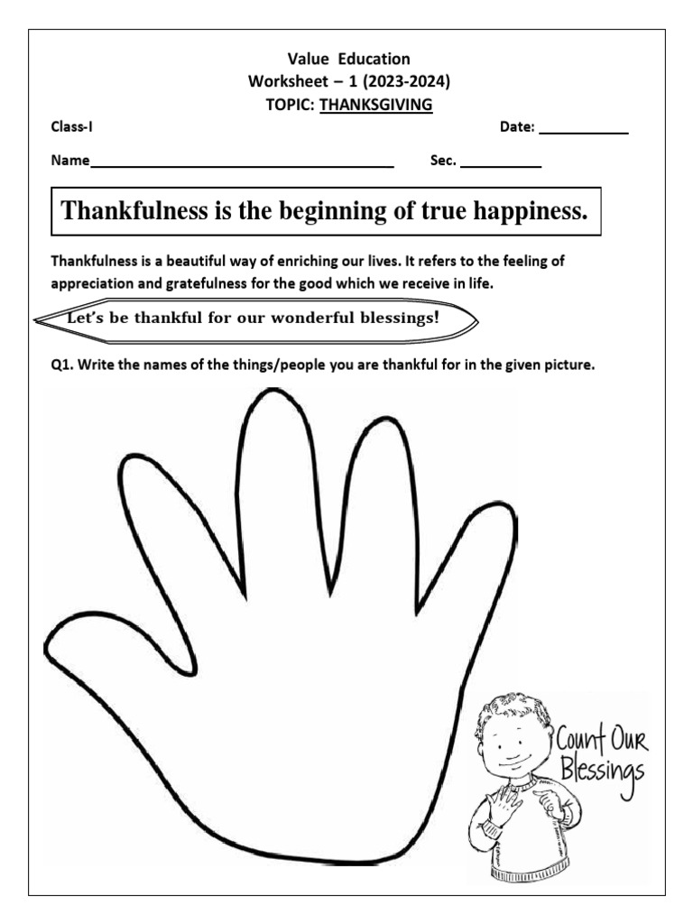 Thanksgiving Values Worksheet for Class 1 | PDF