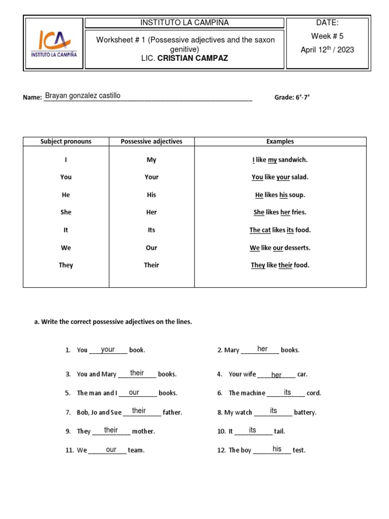 WORKSHEET 1 (POSSESSIVE ADJECTIVES) Terminada PDF | PDF