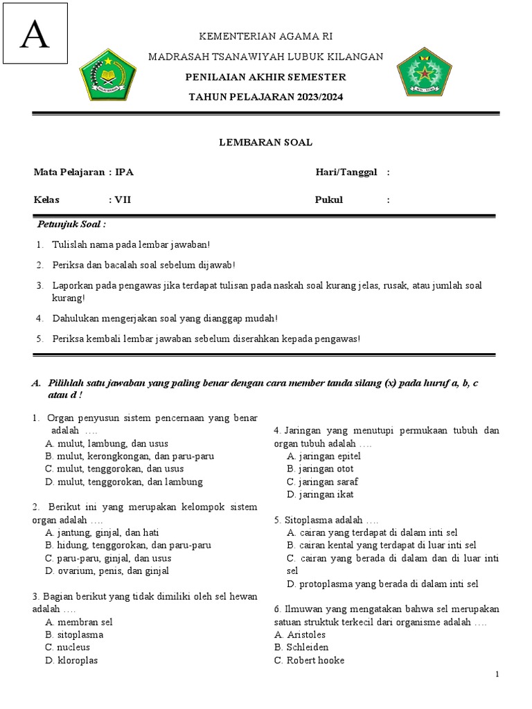 Soal UAS Semester 2 Kelas 7 A | PDF