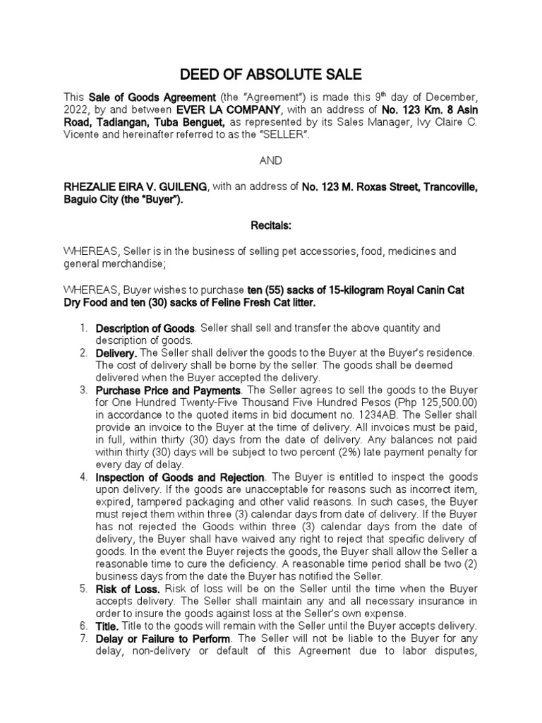 DEED OF ABSOLUTE SALE of Goods | PDF